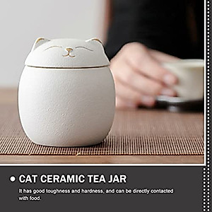 Cabilock Ceramic Tea Jar Kitchen Storage Jar Cartoon Cat Sealed Canister Mini Food Storage Container for Loose Tea Coffee Bean Sugar Salt 160ML (White)