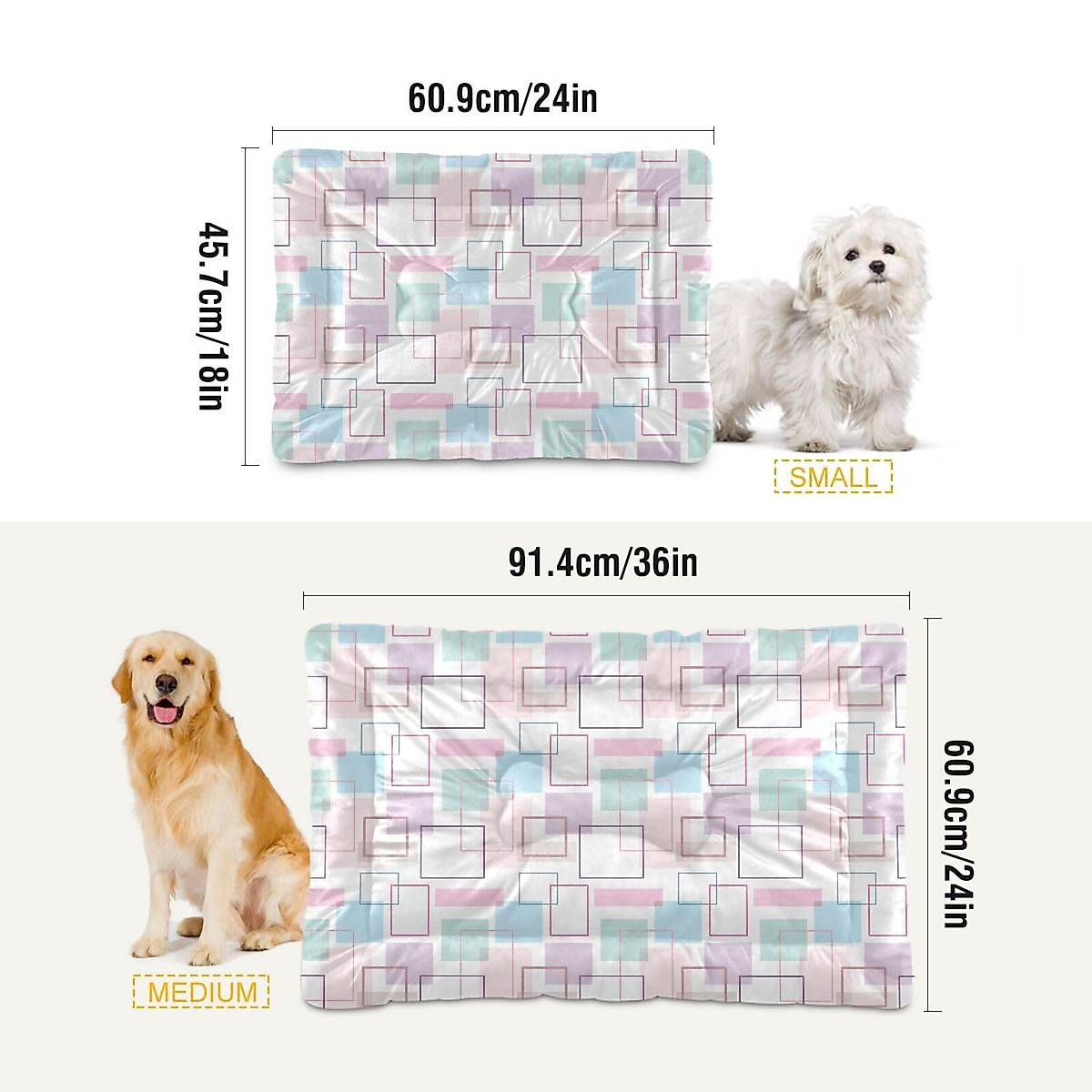 Coikll Pastel Square Pet Bed Pad Soft Dog Bed Mat with Anti-Slip Bottom, Machine Washable Crate Pad Mattress for Dog Sleeping- 24 * 18inches