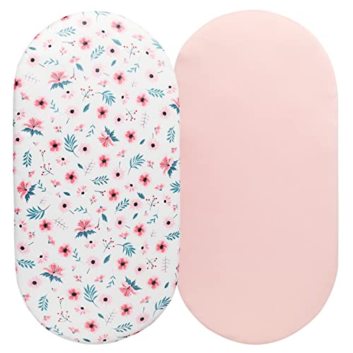 Tontukatu Bassinet Sheet Set 2 Pack Snug Fitted Cradle Fitted Sheets , Stretchy Ultra Soft , for Oval Rectangle Hourglass Bassinet Mattress , Unisex Boy Girl , Floral & Pink