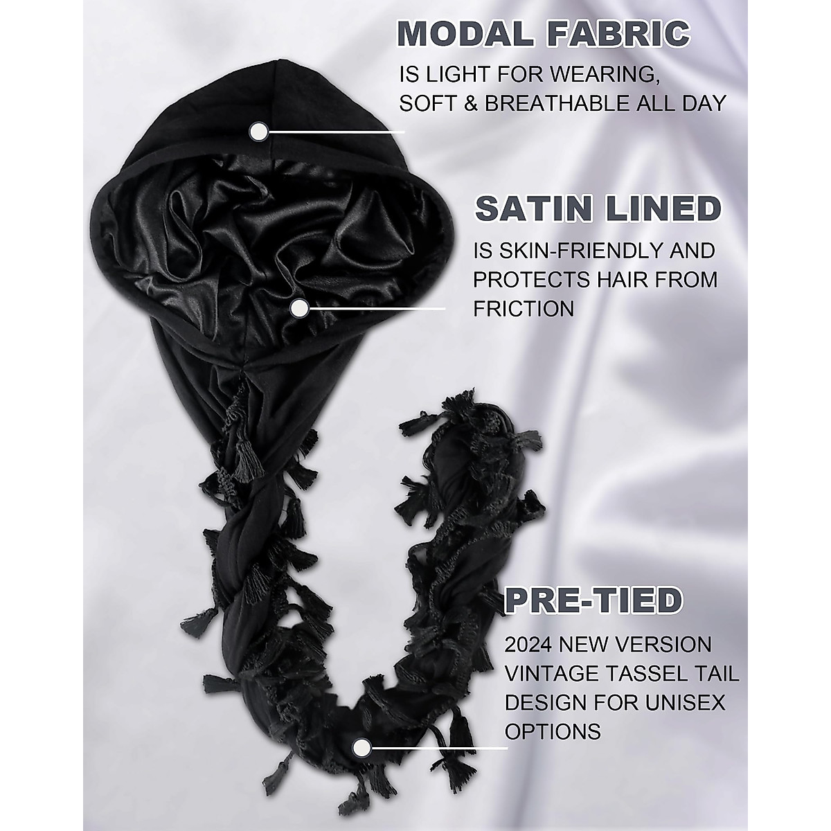 Babalet Halo Turban for Men Women Satin Lined Durag Head Wraps Scarf Skull Cap Pre-Tied Twist Sleeping Bonnet, Black