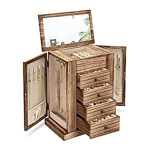Emfogo Jewelry Box for Women, 5 Layer Large Wood Boxes & Organizers for Necklaces Earrings Rings Bracelets, Rustic Organizer with Drawers and Mirror(Carbonized Black)