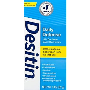 Desitin Daily Defense Baby Diaper Rash Cream with 13% Zinc Oxide Barrier Cream to Treat, Relieve & Prevent Diaper Rash, Hypoallergenic, Dye-, Phthalate- & Paraben-Free, Travel Size, 2 oz