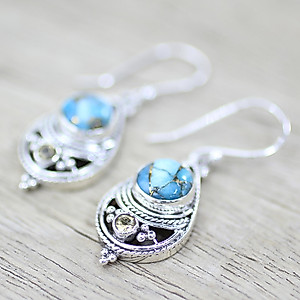 NOVICA Artisan Handmade Citrine Dangle Earrings Composite Turquoise from India [6.75 in min L x 8 in max L 1 mm W Pendant(s) 0.4 in L x 0.8 in W x 0 in D] ' Azure Heaven'