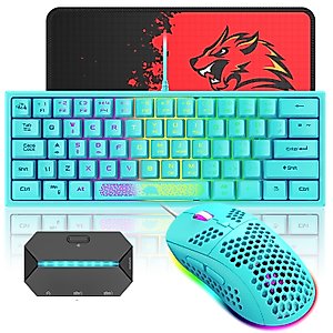 60% Wired Gaming Keyboard and Mouse Combo,Compact RGB Backlit Mini Mechanical Feel Keyboard,Converter Adapter,RGB 6400 DPI Lightweight Gaming Honeycomb Shell Mouse for Xbox,PC,Laptop,MAC
