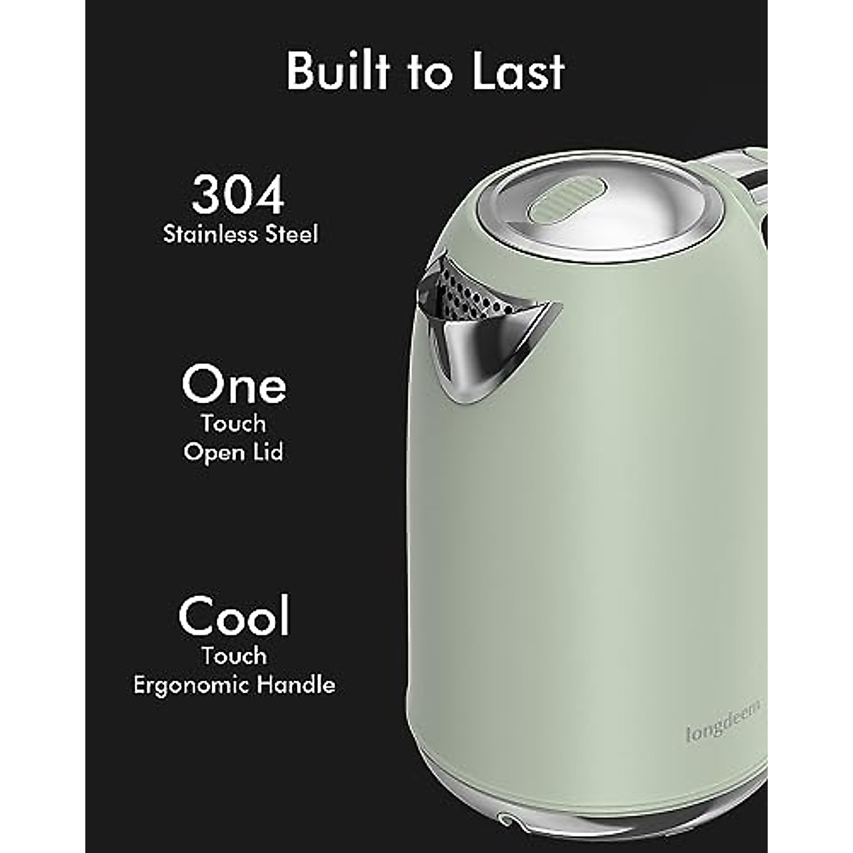 Electric Tea Kettle, Longdeem 1.7L Stainless Steel Water Boiler & Heater, 1500 Watts for Fast Boiling, Auto-Shutoff and Boil-Dry Protection, Cordless Serving with LED Light, Pastel Green