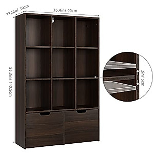 Senfot Bookcase 9 Cube, Modern Bookshelf Storage Cabinet with 2 Large Drawers, Free Standing Storage Organizer Book Shelves for Living Room, Office, Study, Brown
