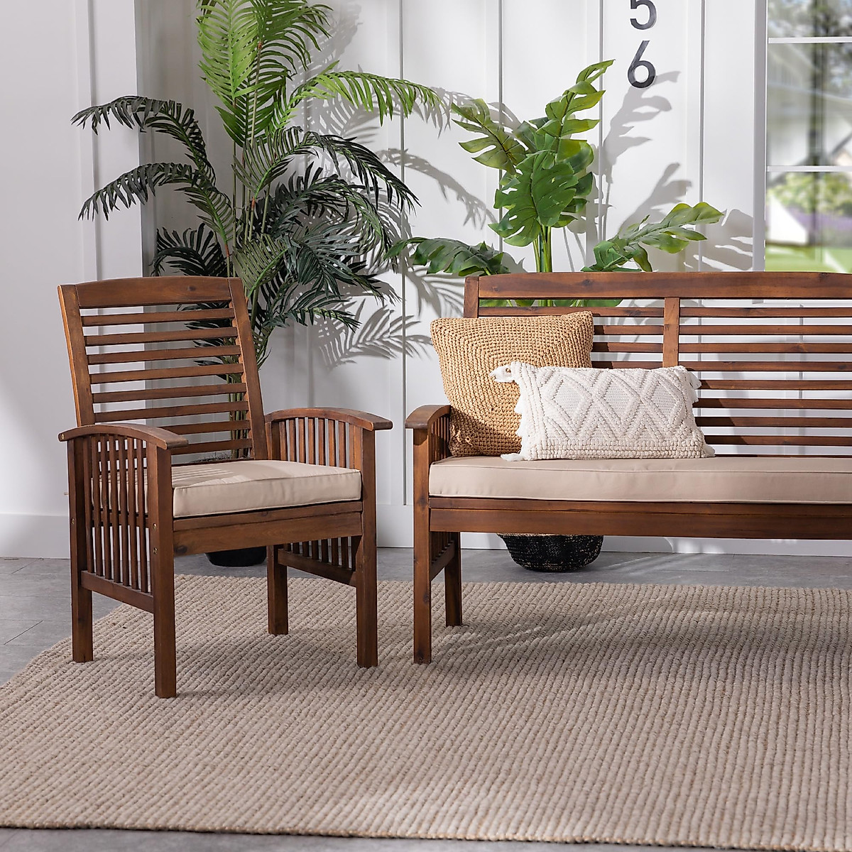 Walker Edison AZOWCHAT3PCDB 3-Piece Acacia Solid Wood Outdoor Patio Conversation Set, Dark Brown