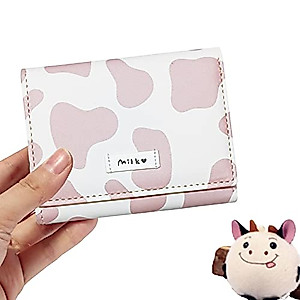 MOZXIRZ Women Girls Wallet Cute Cow Print Tri-Fold Wallet PU Leather Purse Slim Small Short Wallet Cartoon Trifold Cash Card Holder Bag (Pink Cow)