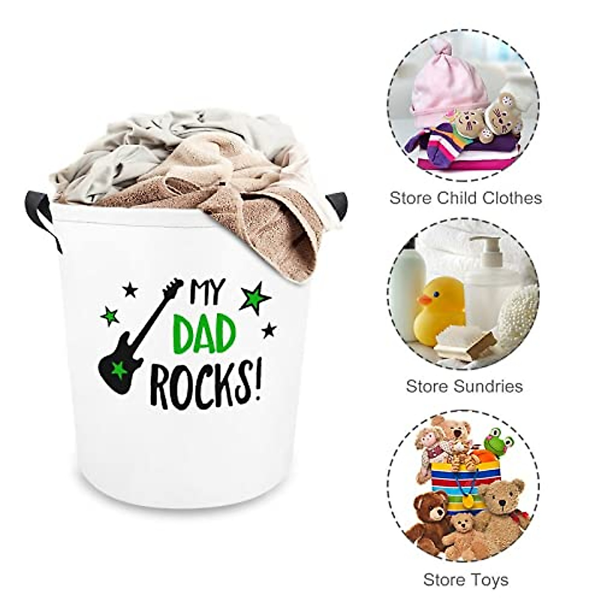 My Dad Rocks Large Laundry Basket Hamper Bag Washing with Handles for College Dorm Portable