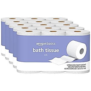 Amazon Basics 2-Ply Toilet Paper, 6 Rolls (Pack of 5), 30 Rolls total (Previously Solimo)
