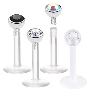 bodyjewellery 4Pcs 16g 5/16 Labret Studs Lip Conch Bioflex Push In Monroe Ring Tragus Marilyn Spider Snake Bites Clear Black AB Crystal