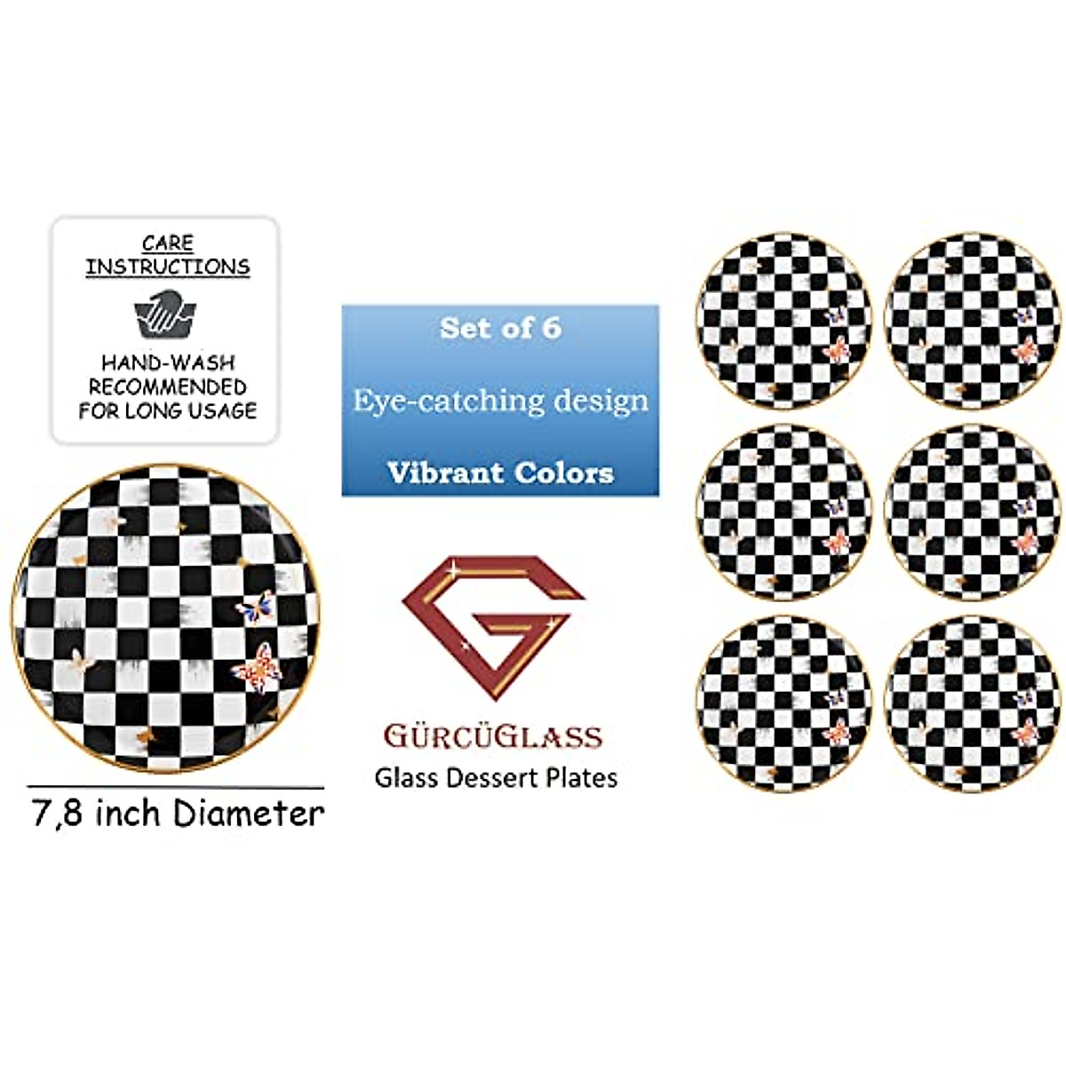 Glass Plate Set 7,8 Inch - Salad Plates | Dessert Plates - Lunch Plates - Small, Set of 6, Suitable for Snacks, Appetizer, Home, Party, Restaurant (Checkered (white-black))