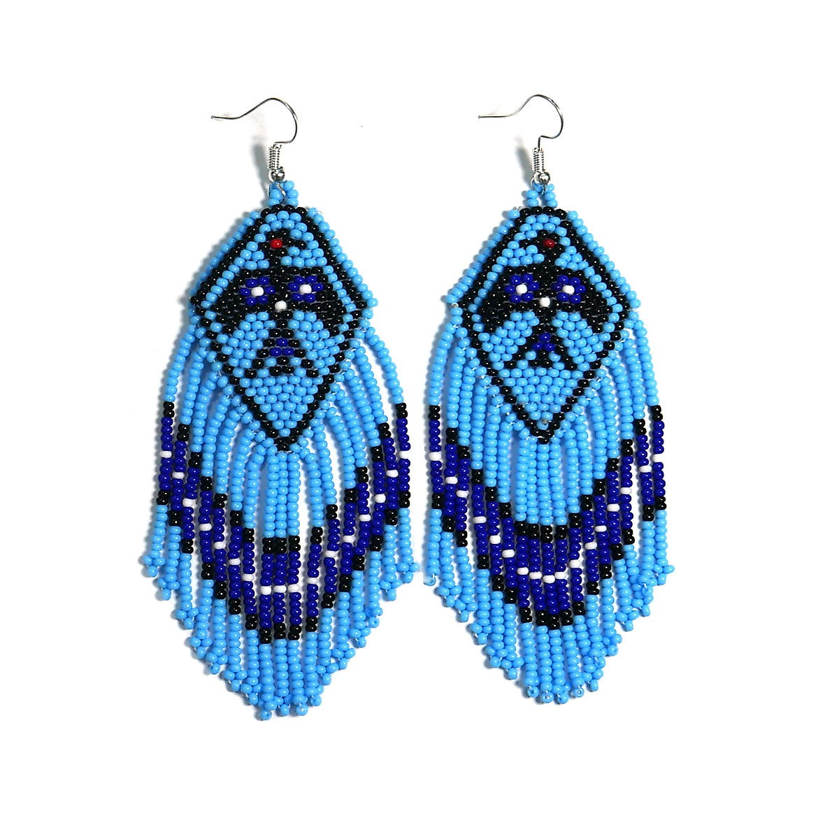 Buybeaded Handmade beaded native american style glass seed bead earrings Pendientes de cuentas nativas al estilo mexicano de artesanos gifts for women (Thunder bird skuyblue)