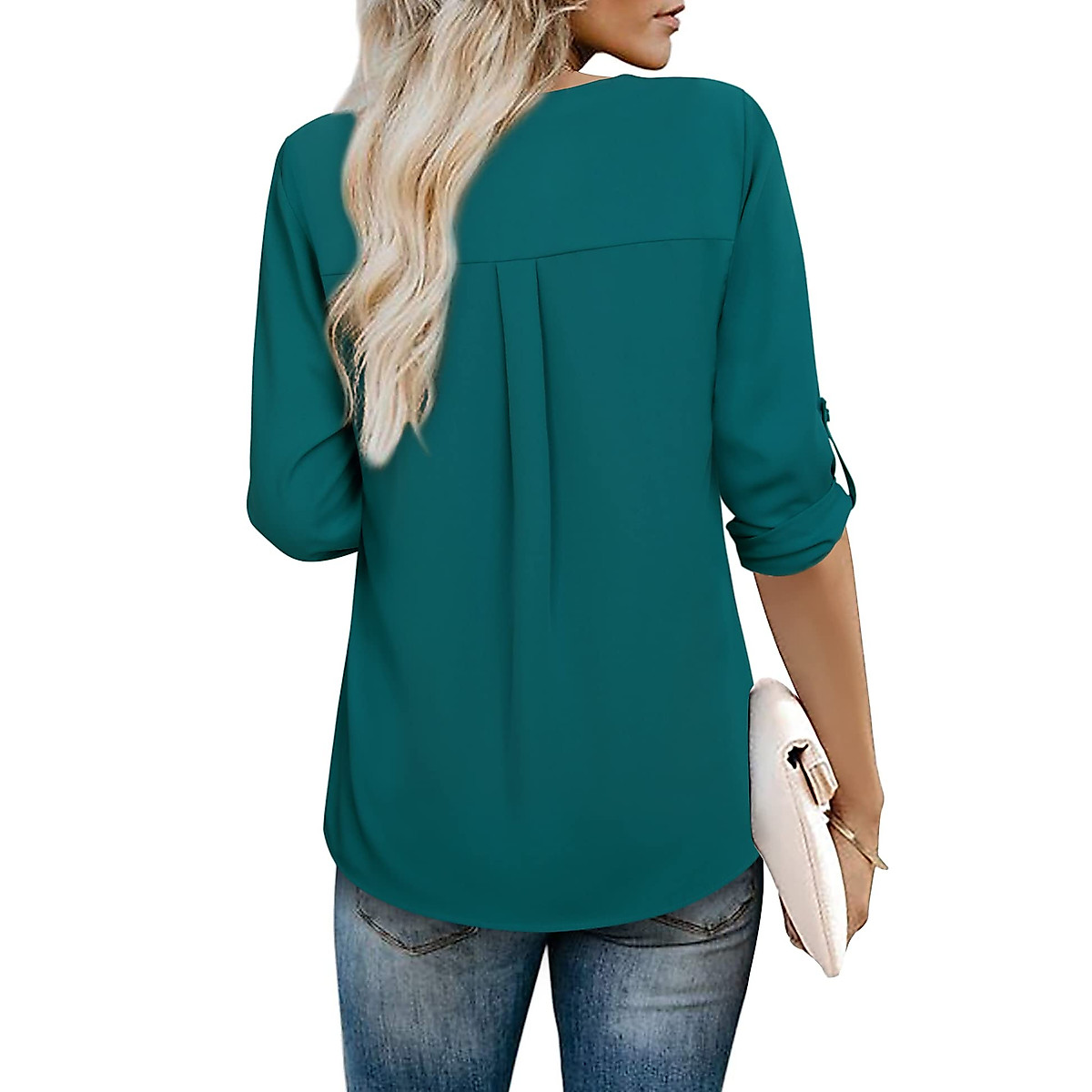 Youtalia Long Sleeve Tops for Women, Ladies Business Casual Shirts Loose Cute V Neck Chiffon Blouses Solid Color Pleated Flowy Tunic Shirts for Party (X-Large, Dark Cyan)