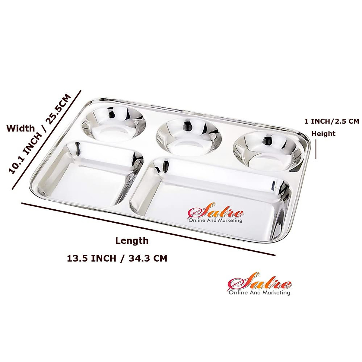 Stainless Steel Rectangle/Square 5 Section Compartment Lunch Plate Round and Square Tray Set of 2