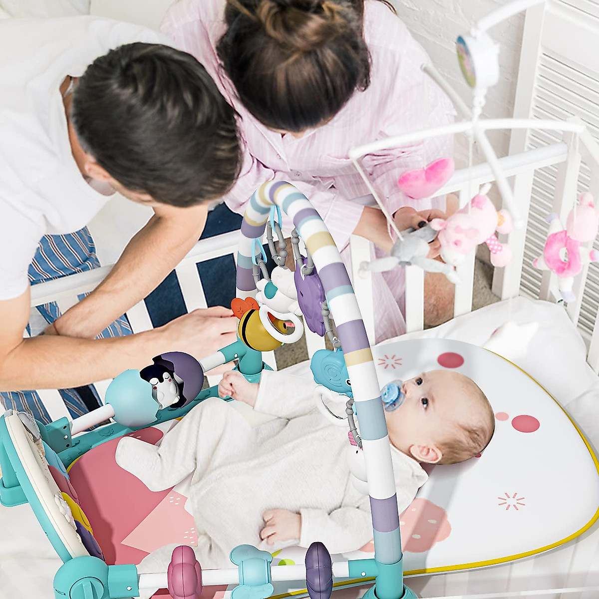 Jovow Baby Gym with Kick and Play Piano,Baby Play Mat Tummy Time Baby Activity Gym Mat with 5 Infant Learning Sensory for Baby, Music and Lights Boy or Girl Gifts for Newborn (Green)