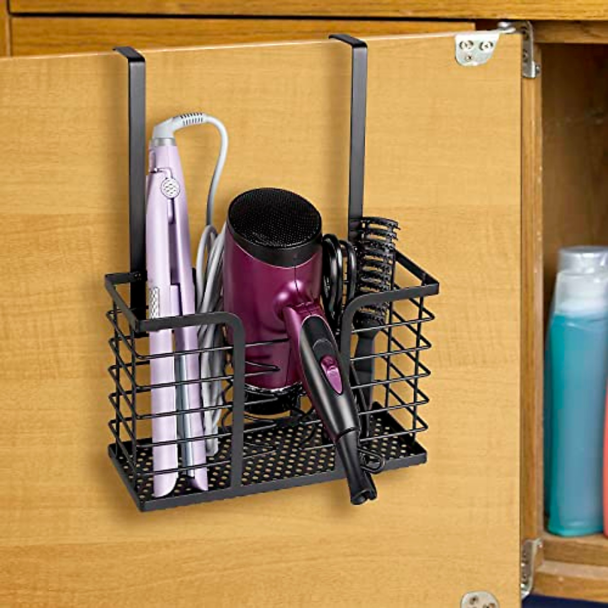 RedCall Hair Tool Organizer with Additional Basket,Hanging Metal Hair Dryer Holder Storage Cabinet Door Countertop Stand,Blow Dryer Holder Wall Mount,Hot Tools Organizer Bathroom Curling Iron Holder