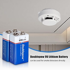 Doublepow 9V Lithium Battery,9V Rechargeable Batteries,9v Battery for Smoke Detector,9V Batteries,600mAh Capacity,Fast Charging(2 Pack)