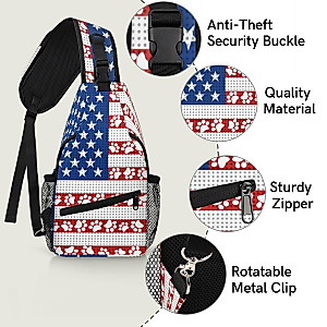 FZDXZJJ USA Flag Paw Print Crossbody Sling Backpack Sling Bag American Flag Small Chest Bag for Women Men Outdoor Shoulder Bag Travel Hiking Daypack for Sports Running Cycling Walking