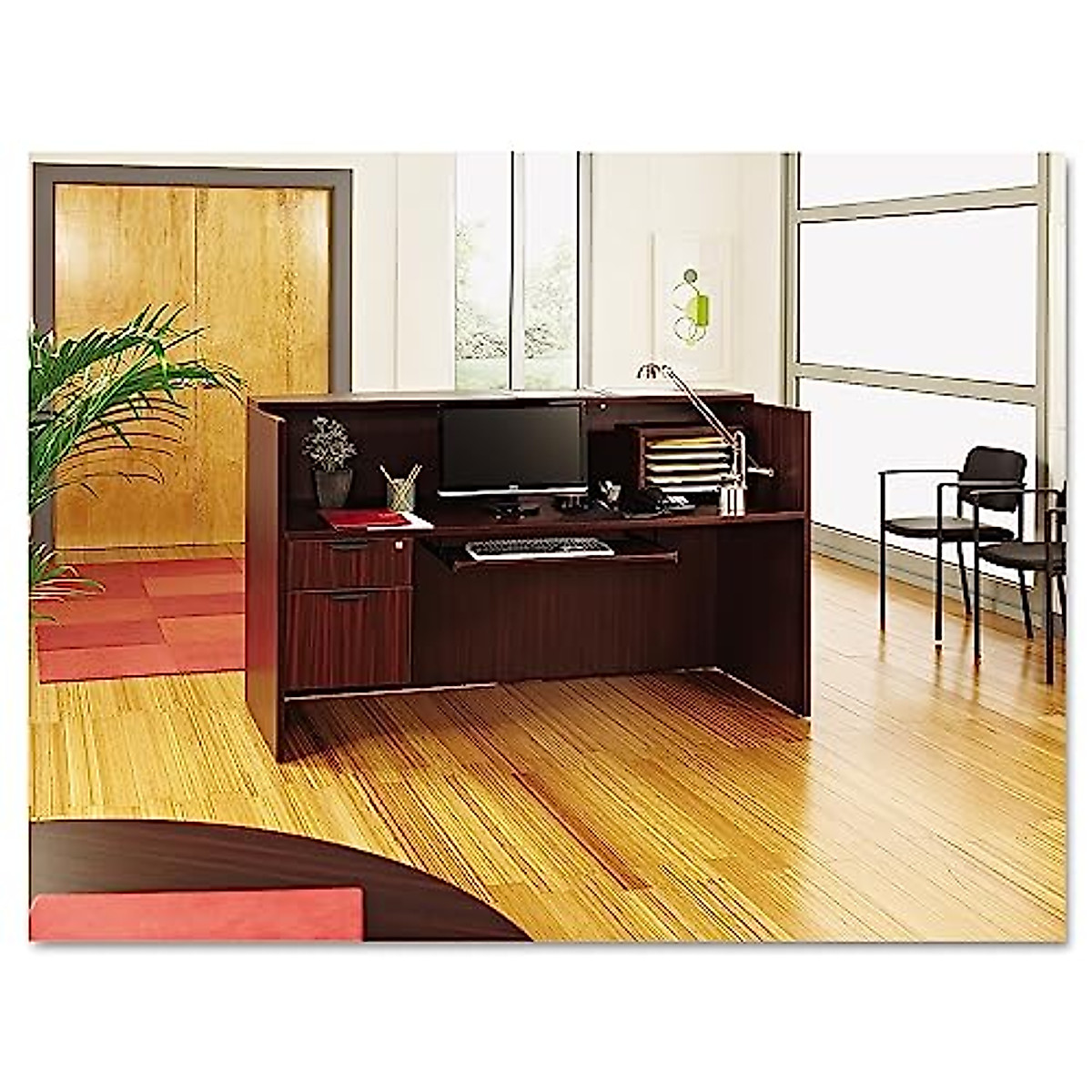 Alera ALEVA327236MY Valencia Series 71 in. x 35.5 in. x 29.5 in. - 42.5 in. Reception Desk with Counter - Mahogany