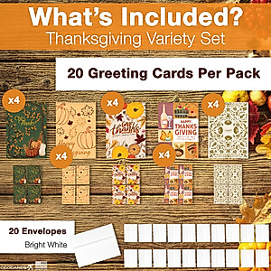 Thanksgiving Cards for Business & Family (Variety Pack of 5 Designs of Thanks) Greeting Card Set Pack of 20 Thanksgiving Cards with Envelopes (5x7 inch - A7) Office, Work, Employees & Clients VP2403