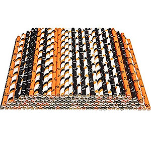 200 Pieces Halloween Paper Straws Black and Orange Striped Dot Print Paper Drinking Straws with Pumpkin Bat Spider Web Skeleton Print for Halloween Party Supplies (Color Set 1)