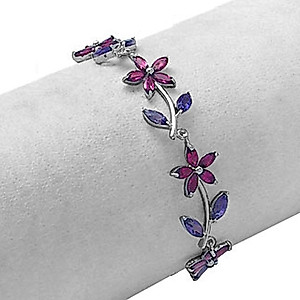 Silvershake Natural Rhodolite Garnet and Iolite Gold Plated 925 Sterling Silver Flower Leaf 7 to 8 Inch Adjustable Bracelet