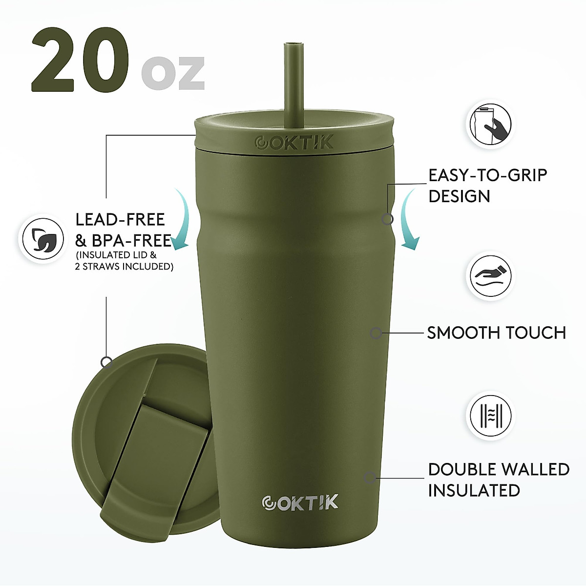 COKTIK 20oz Insulated Tumbler with Lid and Straw 2 Lids (Straw/Flip) Iced Coffee Cup Reusable Stainless Steel Travel Mug Water Bottle Cupholder Friendly for Women Men Her Him (Olive)