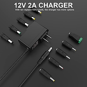 12V 2A AC Adapter Charger Replacement with 10 Tips, Regulated 12 Volts 2000mA Power Supply Cord for LED Strip Light, CCTV Camera, BT Speaker, GPS, Webcam, Router, DC12V Transformer (9.85ft)