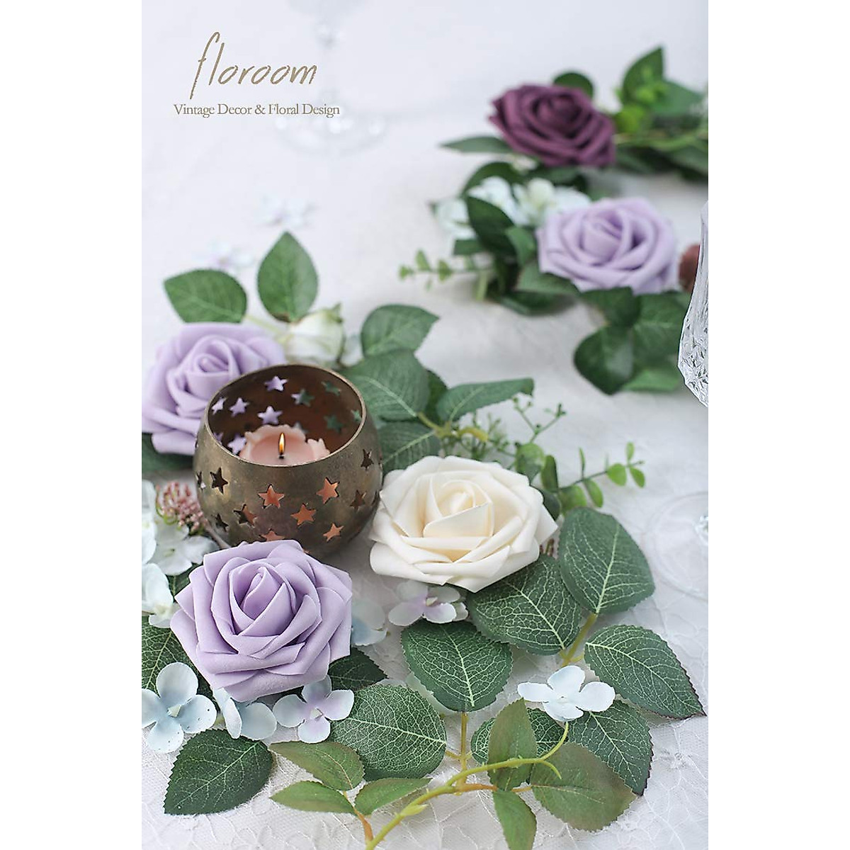 Floroom Artificial Flowers 50pcs Real Looking Cream Foam Fake Roses with Stems for DIY Wedding Bouquets Bridal Shower Centerpieces Floral Arrangements Party Tables Home Decorations