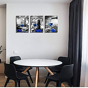 Wine Decor Kitchen Canvas Art Blue Wine Rose Artwork for Home Walls Black and White With Blue Wine Painting Printed Rose Art Dining Room Decor Blue Kitchen Pictures Wall Decor Stretched 12x16inchx3