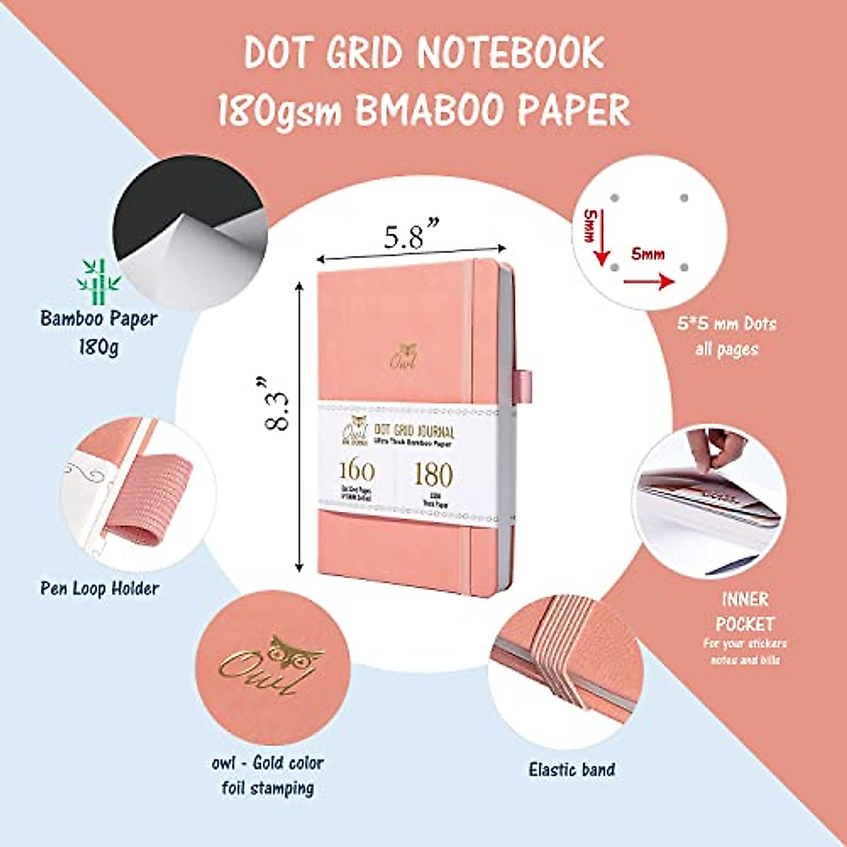 A5 OWL Dot Gird Journal Dotted Notebook By BUKE - 160 Pages, Size 5.7X8.2 Inch, 180 GSM Ultra Thick Bamboo Paper, Drawing Sketchbook(PINK)