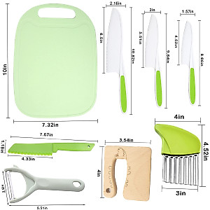 Alrens Kid Safe Knives, 8 Pcs Toddler Knife Set Include Crocodile Wooden Knife for Kids, Serrated Edges Plastic Toddler Knife, Potato Peeler, Cutting Board, Knives Set for Kids Learning