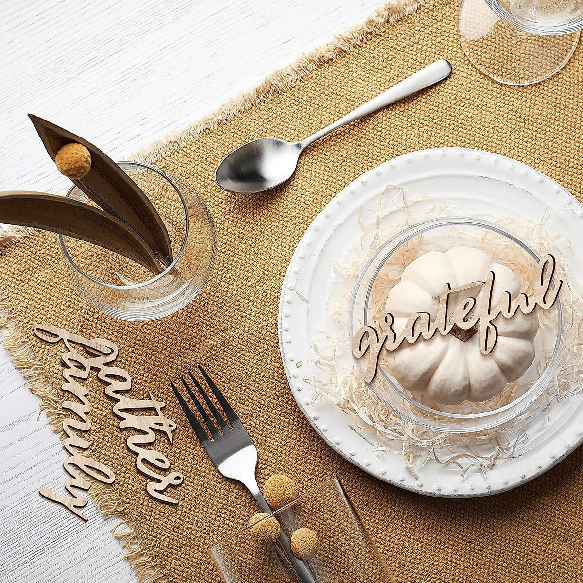 Yalikop 6 Pieces Thanksgiving Wood Cutouts Thankful Grateful Sign Handmade Wood Signs for Thanksgiving Fall Plate Decor Crafts DIY Decorations Supplies, 6 Styles