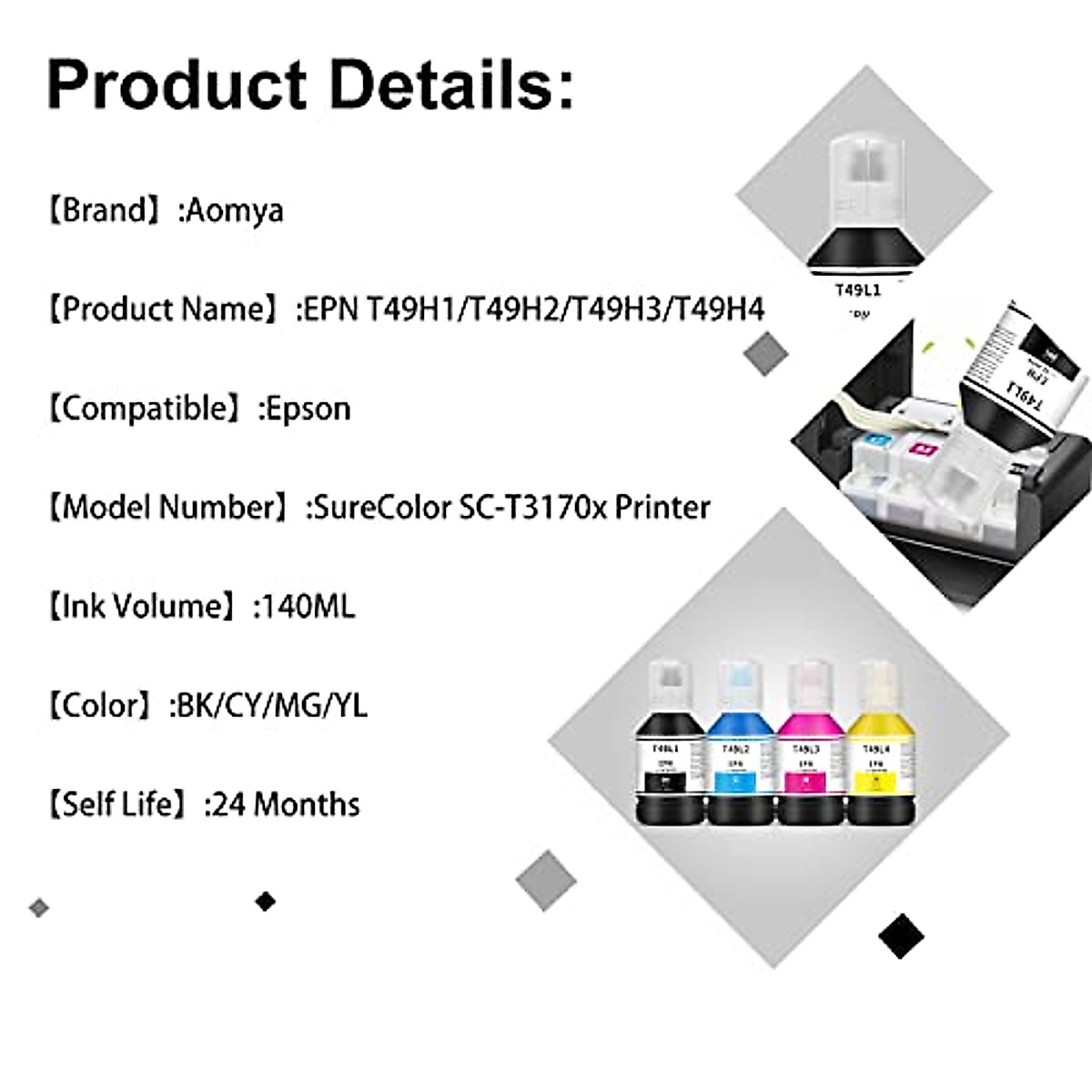 Aomya T49 Ink Compatible Epsn 4×140ml Refill Ink Bottle Replacement T49H1/T49H2/T49H3/T49H4 for Epsn SureColor SC-T3170x Printer