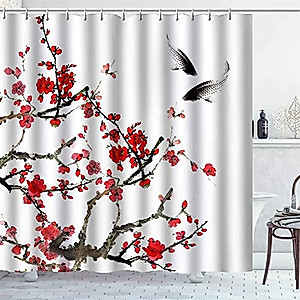 Dia Magico 4PCS Cherry Blossom Shower Curtain Set, Japanese Sakura Plum Blossom Red Flower Floral Branch Carp Koi Fish Asian Bathroom Decor, Waterproof Fabric White Shower Curtain, Non-Slip Bath Mat