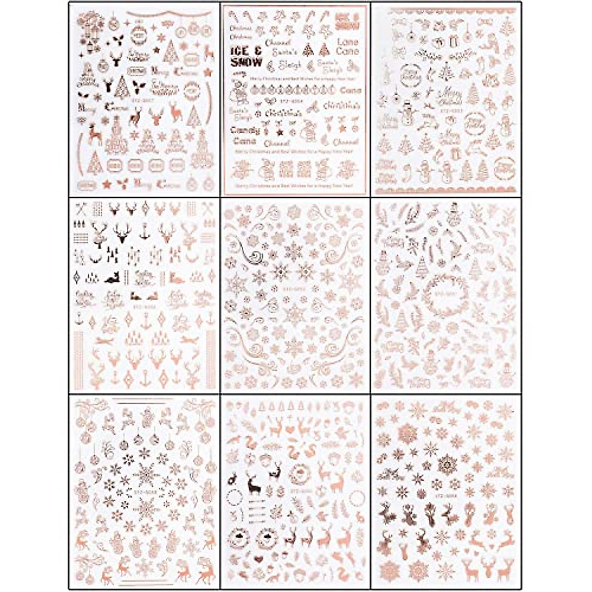 JMEOWIO 9 Sheets Christmas Nail Art Stickers Decals Self-Adhesive Pegatinas Uñas Navidad Rose Gold Winter Holiday Xmas Snowflake Nail Supplies Nail Art Design Decoration Accessories