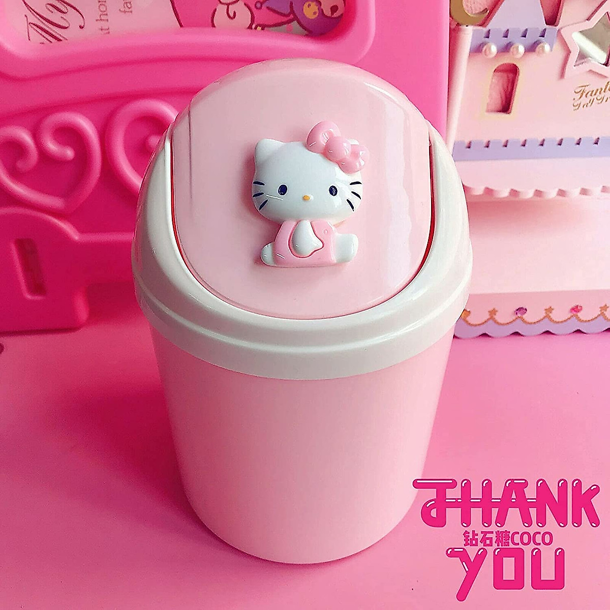 Lovely Girls Pink Kitty Mini-Trash Can ABS Plastic Mini-Garbage Can Waste Bin