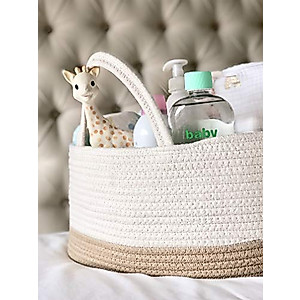 Mila Millie Baby Large Cotton Rope Diaper Caddy | Organizer Storage Bin for Nursery Essentials | Portable Bag for Changing Table and Car | 100% Natural Cotton | Eco friendly (White & Biege) 15.5x10x7 Inch (Pack of 1)