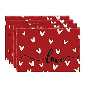 Artoid Mode Red Love Valentine's Day Placemats Set of 4, 12x18 Inch Seasonal Anniversary Holiday Table Mats for Party Kitchen Dining Decoration