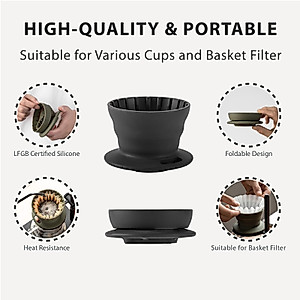 VANDROOP Collapsible Coffee Dripper, Portable Basket Pour Over Coffee Maker, Silicone Reusable Single Cup Maker(1-2 Cup) (Gray)