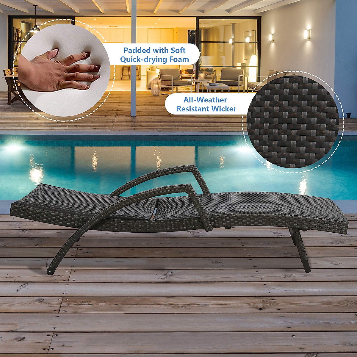 Iwicker Aluminum Outdoor Chaise Lounges with Quick Dry Foam Padded, Adjustable Wicker Patio Reclining Lounge Chairs with Wheels and Armrest, Set of 2