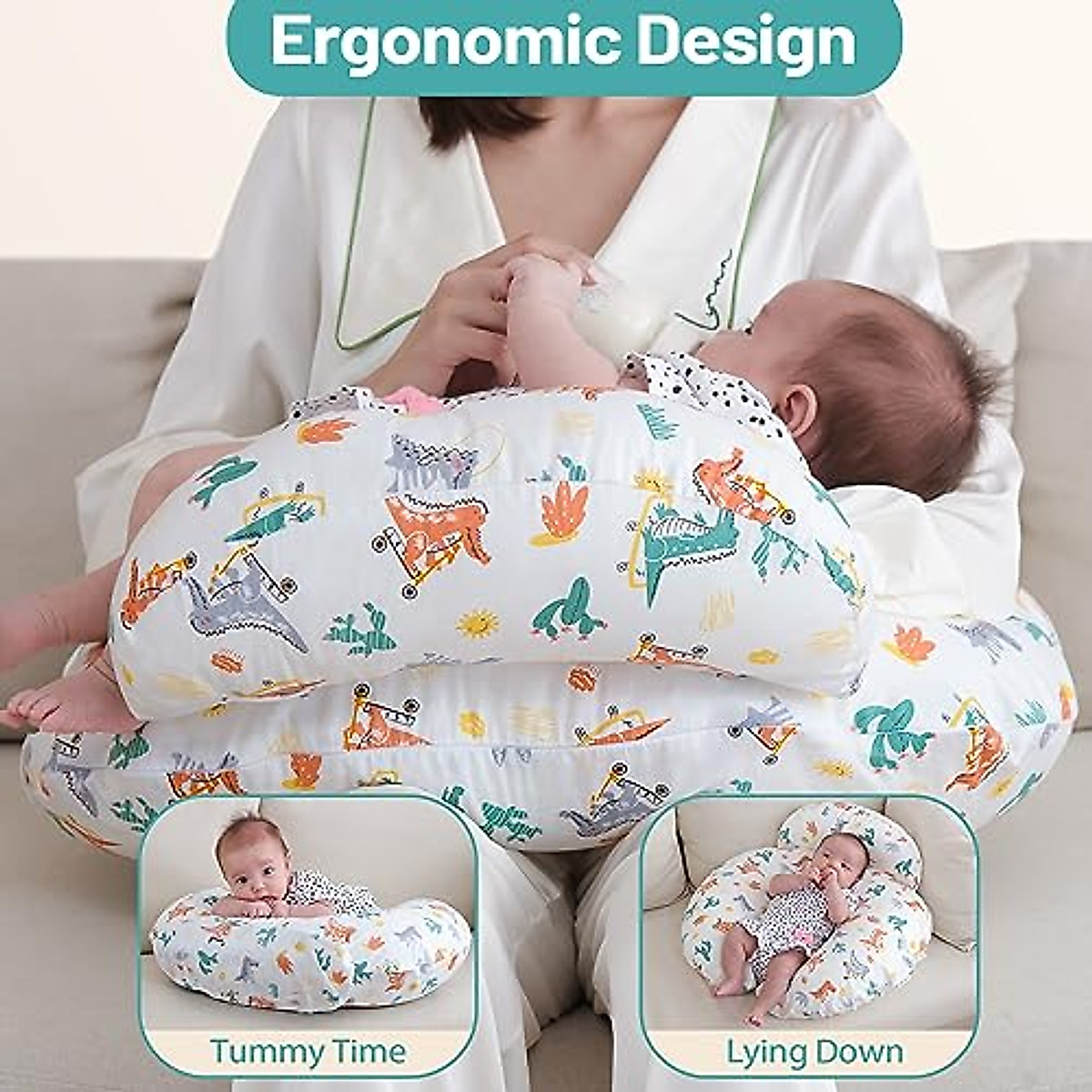 AMASKY Nursing Pillow for Breastfeeding with Two Removable Cotton Covers,Plus Size Ergonomic Breastfeeding Pillows,More Support for Mom and Baby,Machine Washable,White & Blue