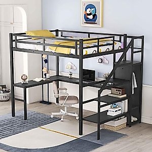 ATY Metal Full Size Loft Bed with Wardrobe and Built-in Desk, Sturdy Loft Bedframe w/LED & USB Port Design, for Bedroom, Dorm, Maxinmum Space & No Box Spring Needed, Black