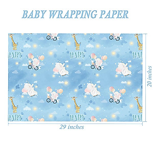 SaringSwoon Blue Baby Shower Wrapping Paper - Watercolor Gift Wrap With Funny Elephant, Giraffe, Rabbit, Baby, and Galaxy Design for Baby Shower, Birthday, Christmas - 20×29 Inches, 6 Folded Sheets