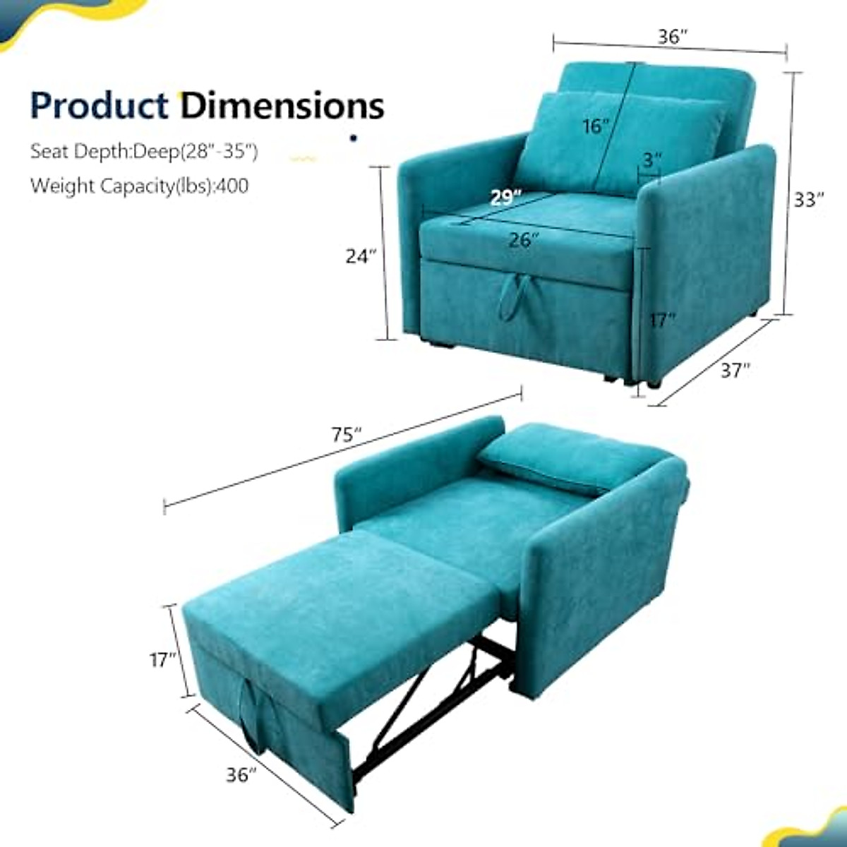 Mlxgoie Convertible Sofa Bed Chair, 3-in-1 Multi-Functional Sleeper Single Futon Chair Bed with Modern Linen Fabric & Tufted Pillow for Compact Living Room, Apartment, Dorm - Blue