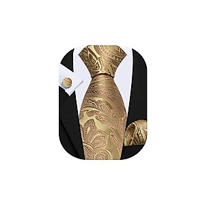 Barry.Wang Men Tie Set Paisley Gold Silk Necktie Pocket Square Cufflinks Formal Wedding Party Business Prom