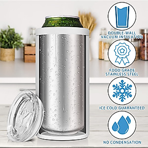 4 in 1 Skinny Can Cooler for Slim Bottle &amp; Hard Seltzer, Bonus Mom Gifts, White Insulated Stainless Steel Tumbler with Lid, Non-slip, Doucle-Walled Vacuum, Leak Proof Cool Drink Holder