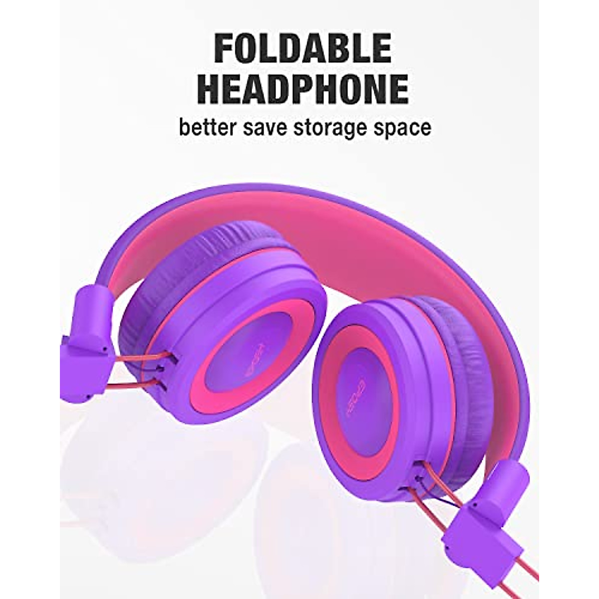 Kids Headphones, Eposy E10 Wired Headphones for Kids Foldable Stereo Bass Headphones with Adjustable Headband, Tangle-Free 3.5 mm Jack for School, On-Ear Headset for Boys Girls Cellphones(Pink/Purple)