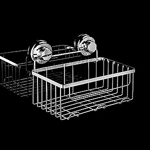 HASKO accessories Vacuum Suction Cup Shower Caddy | Deep Basket Organizer for Shampoo with Hooks | Adhesive 3M Stick Discs | Holder for Bathroom Storage | Polished Stainless Steel SS304